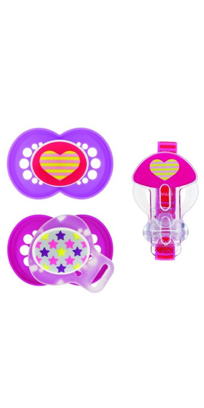 Buy Mam Silicone Trends Pacifier With Clip Pink and Purple Print at ...